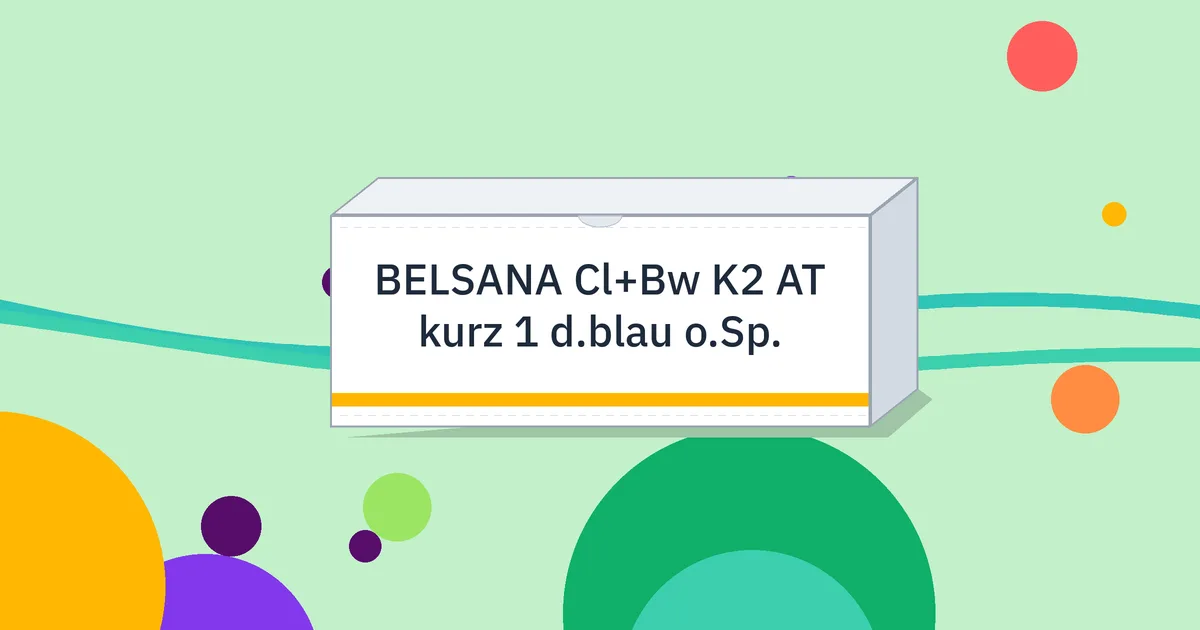 Symbolbild: Packung mit der Aufschrift BELSANA Cl+Bw K2 AT kurz 1 d.blau o.Sp. (PZN 15627710) – Verfügbarkeit und Bezug in Apotheken in Frankfurt am Main