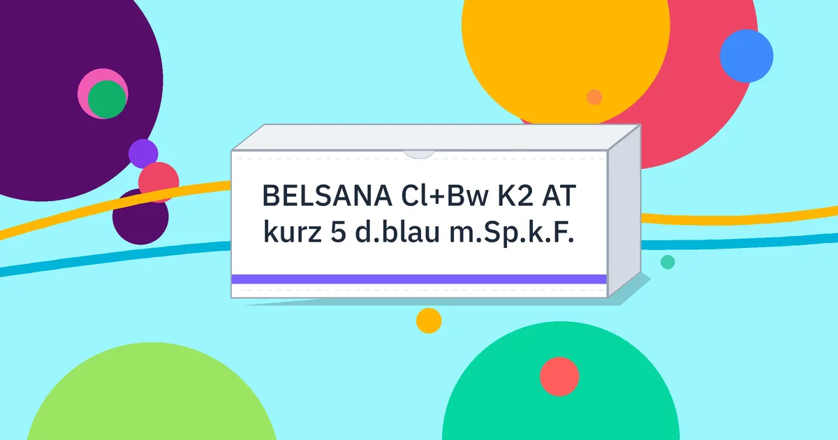 Symbolbild: Packung mit der Aufschrift BELSANA Cl+Bw K2 AT kurz 5 d.blau m.Sp.k.F. (PZN 15628017) – Verfügbarkeit und Bezug in Apotheken in Frankfurt am Main
