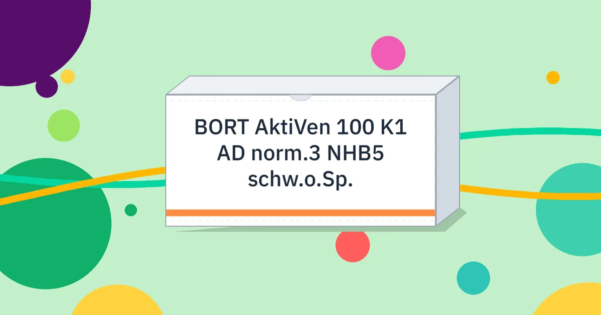 Symbolbild: Packung mit der Aufschrift BORT AktiVen 100 K1 AD norm.3 NHB5 schw.o.Sp. (PZN 17497200) – Verfügbarkeit und Bezug in Apotheken in Frankfurt am Main