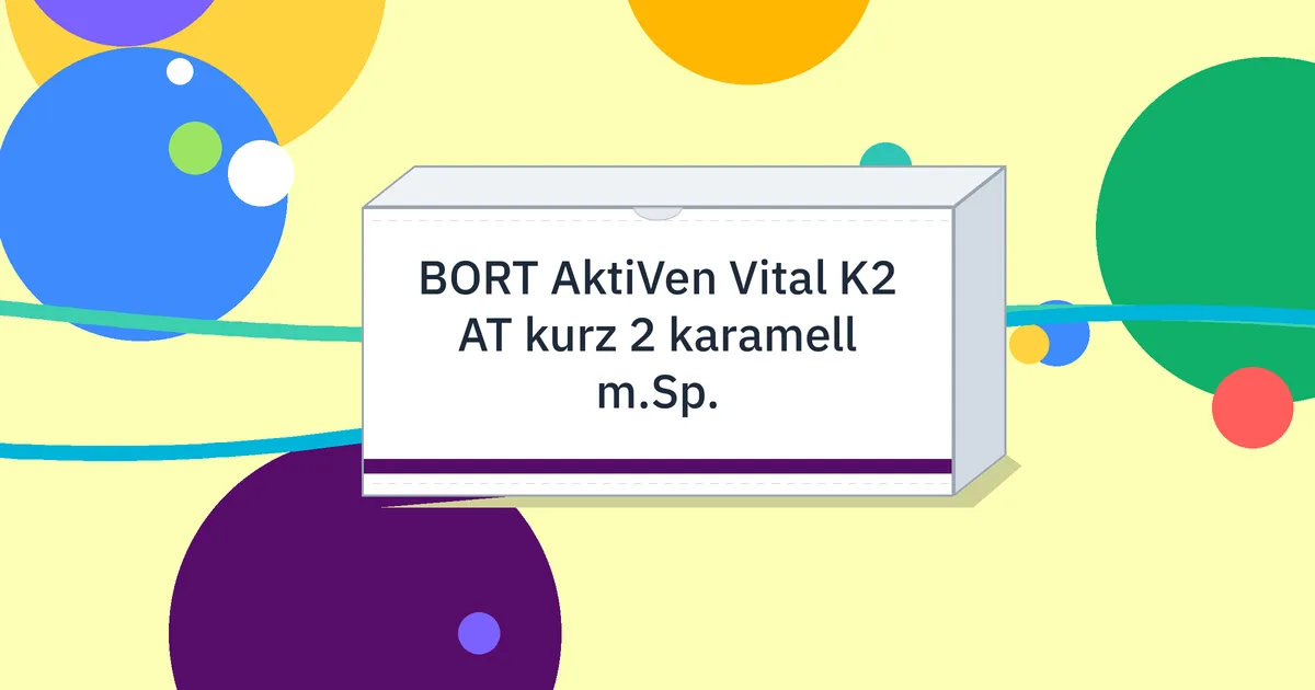 Symbolbild: Packung mit der Aufschrift BORT AktiVen Vital K2 AT kurz 2 karamell m.Sp. (PZN 13737848) – Verfügbarkeit und Bezug in Apotheken in Frankfurt am Main