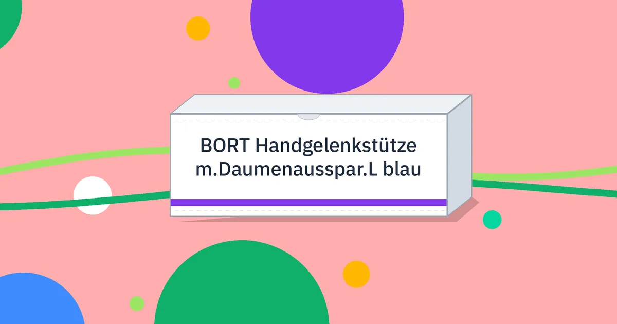 Symbolbild: Packung mit der Aufschrift BORT Handgelenkstütze m.Daumenausspar.L blau (PZN 04547155) – Verfügbarkeit und Bezug in Apotheken in Frankfurt am Main