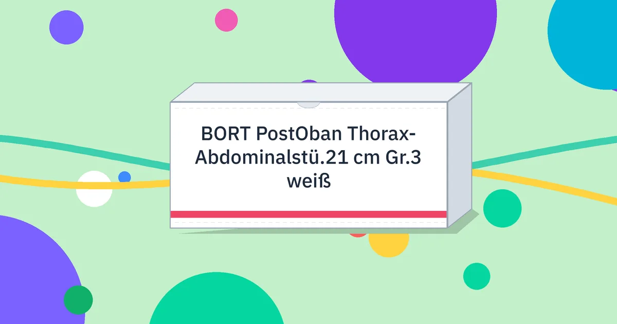 Symbolbild: Packung mit der Aufschrift BORT PostOban Thorax-Abdominalstü.21 cm Gr.3 weiß (PZN 02768308) – Verfügbarkeit und Bezug in Apotheken in Frankfurt am Main