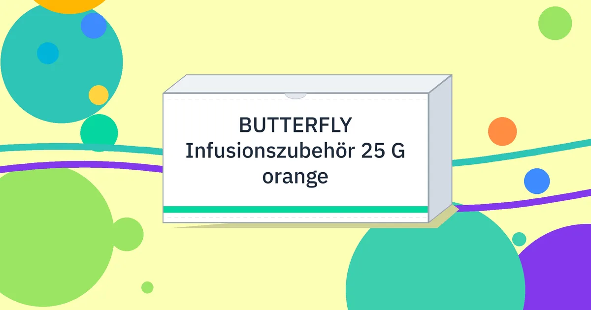 Symbolbild: Packung mit der Aufschrift BUTTERFLY Infusionszubehör 25 G orange (PZN 08482636) – Verfügbarkeit und Bezug in Apotheken in Frankfurt am Main