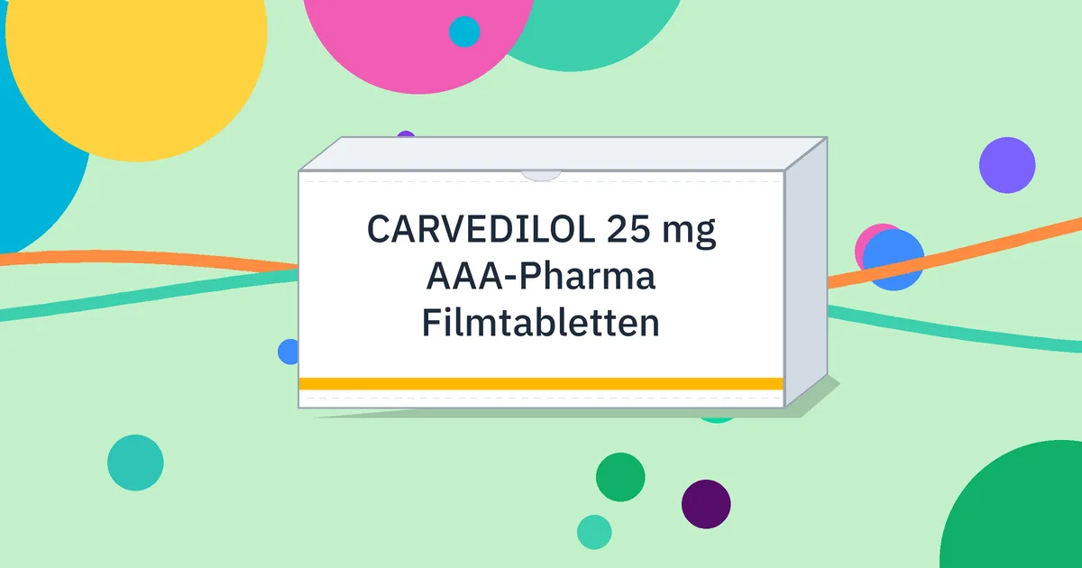 Symbolbild: Packung mit der Aufschrift CARVEDILOL 25 mg AAA-Pharma Filmtabletten (PZN 02895656) – Verfügbarkeit und Bezug in Apotheken in Frankfurt am Main