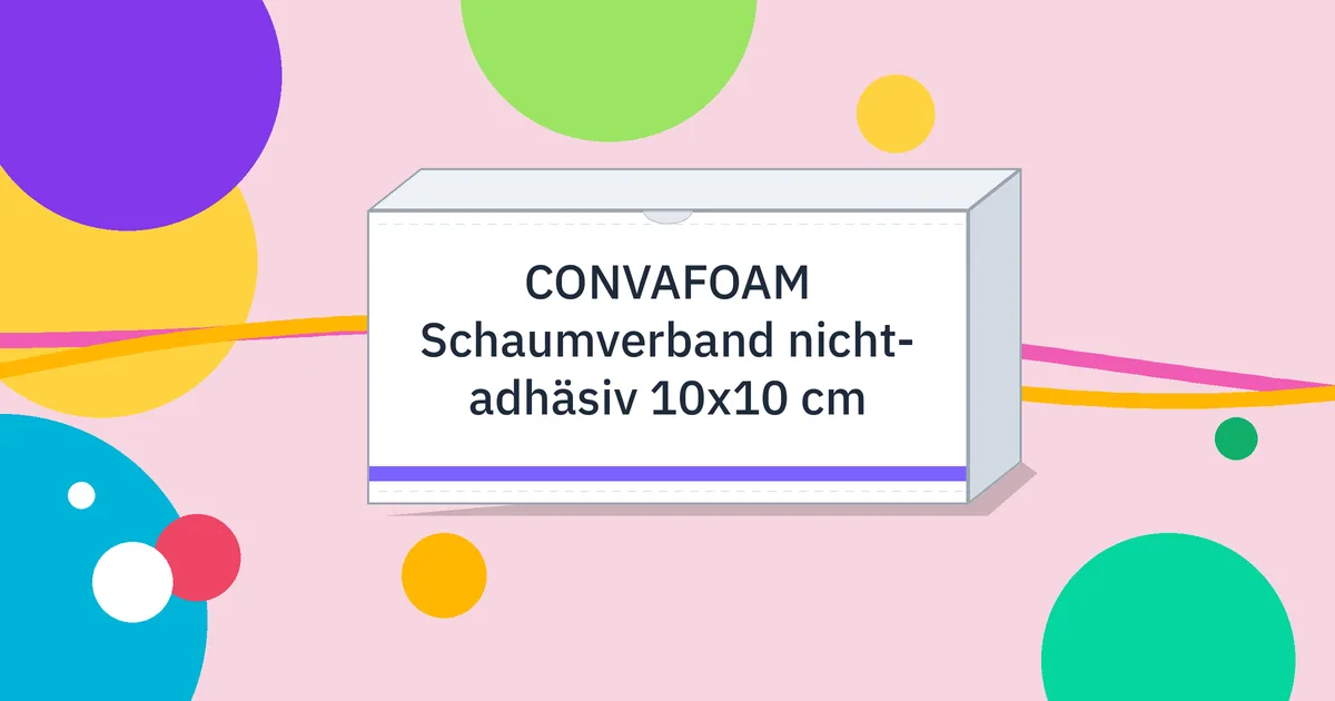 Symbolbild: Packung mit der Aufschrift CONVAFOAM Schaumverband nicht-adhäsiv 10x10 cm (PZN 20629214) – Verfügbarkeit und Bezug in Apotheken in Frankfurt am Main