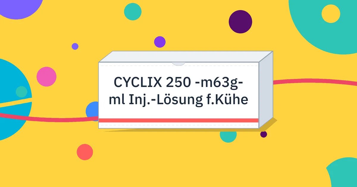Symbolbild: Packung mit der Aufschrift CYCLIX 250 -m63g-ml Inj.-Lösung f.Kühe (PZN 05355802) – Verfügbarkeit und Bezug in Apotheken in Frankfurt am Main
