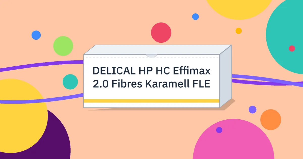 Symbolbild: Packung mit der Aufschrift DELICAL HP HC Effimax 2.0 Fibres Karamell FLE (PZN 15744806) – Verfügbarkeit und Bezug in Apotheken in Frankfurt am Main