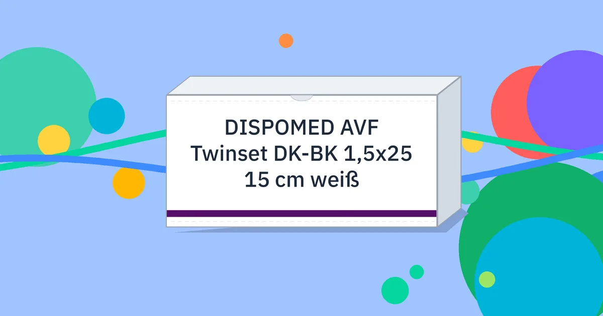 Symbolbild: Packung mit der Aufschrift DISPOMED AVF Twinset DK-BK 1,5x25 15 cm weiß (PZN 00268524) – Verfügbarkeit und Bezug in Apotheken in Frankfurt am Main