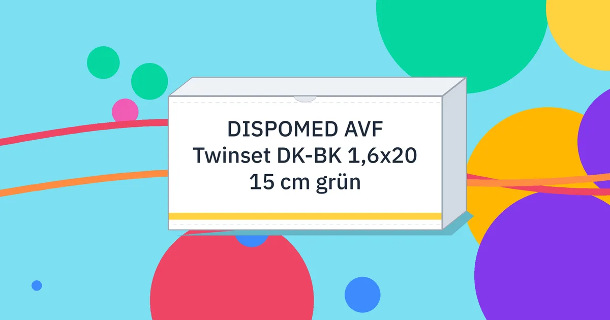 Symbolbild: Packung mit der Aufschrift DISPOMED AVF Twinset DK-BK 1,6x20 15 cm grün (PZN 00268464) – Verfügbarkeit und Bezug in Apotheken in Frankfurt am Main