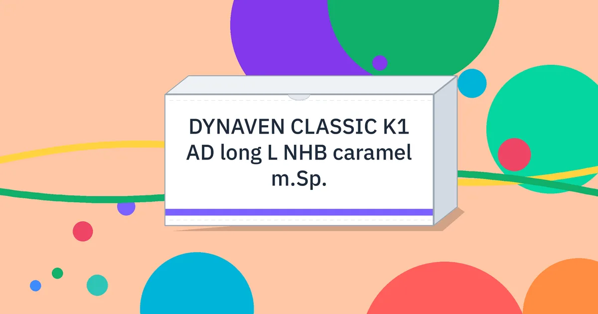 Symbolbild: Packung mit der Aufschrift DYNAVEN CLASSIC K1 AD long L NHB caramel m.Sp. (PZN 18415210) – Verfügbarkeit und Bezug in Apotheken in Frankfurt am Main