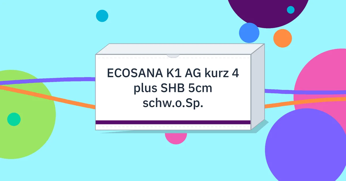 Symbolbild: Packung mit der Aufschrift ECOSANA K1 AG kurz 4 plus SHB 5cm schw.o.Sp. (PZN 04728158) – Verfügbarkeit und Bezug in Apotheken in Frankfurt am Main