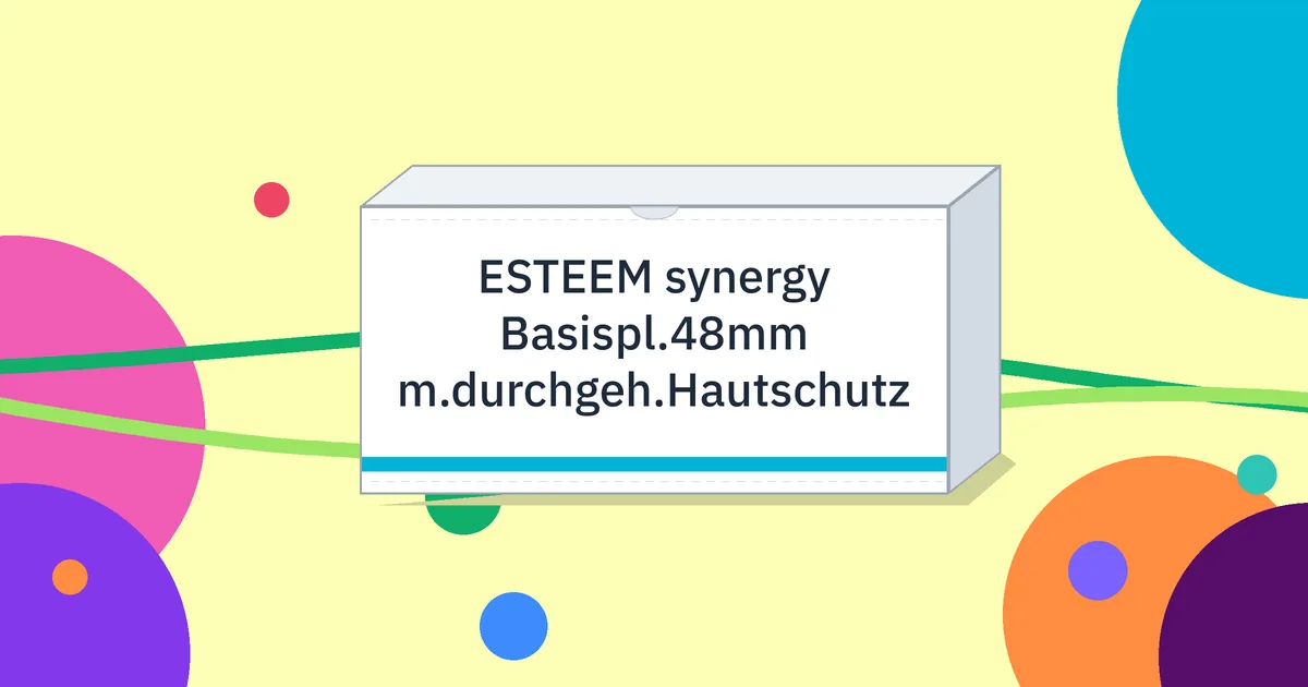 Symbolbild: Packung mit der Aufschrift ESTEEM synergy Basispl.48mm m.durchgeh.Hautschutz (PZN 02197840) – Verfügbarkeit und Bezug in Apotheken in Frankfurt am Main
