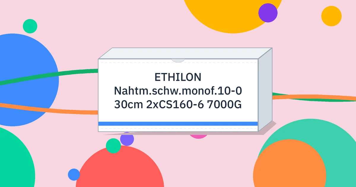 Symbolbild: Packung mit der Aufschrift ETHILON Nahtm.schw.monof.10-0 30cm 2xCS160-6 7000G (PZN 20915983) – Verfügbarkeit und Bezug in Apotheken in Frankfurt am Main