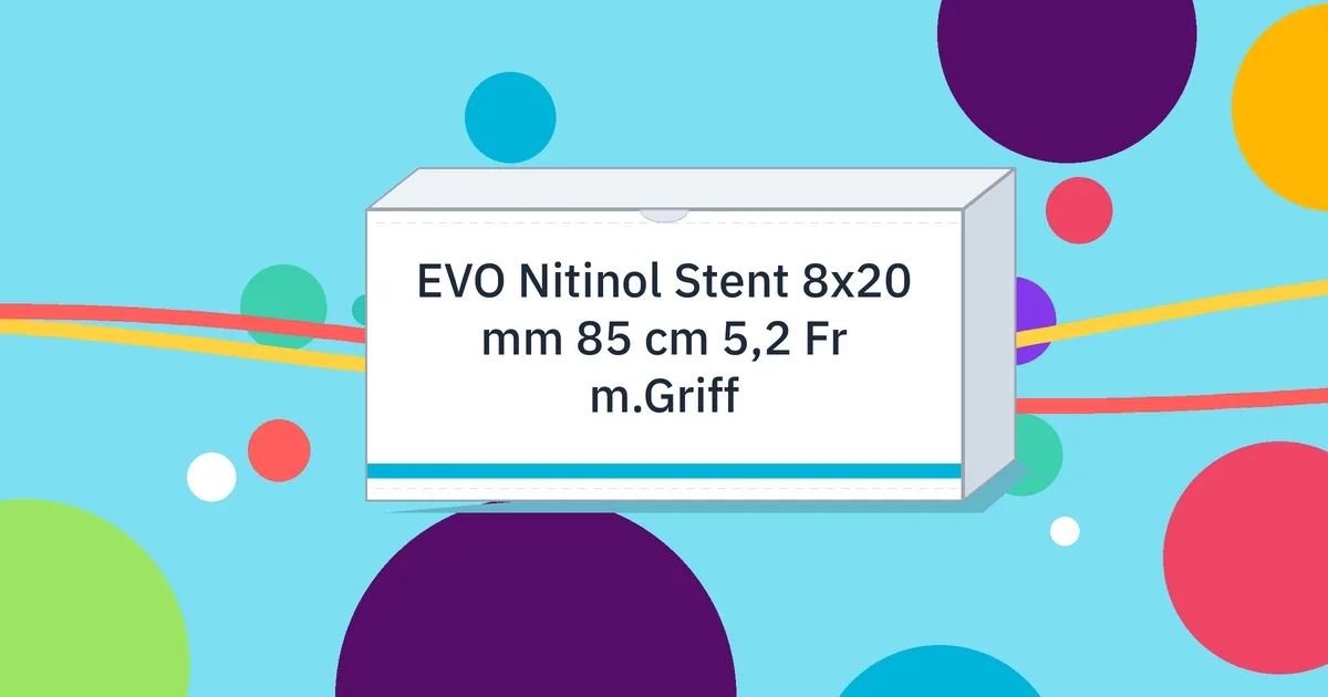 Symbolbild: Packung mit der Aufschrift EVO Nitinol Stent 8x20 mm 85 cm 5,2 Fr m.Griff (PZN 00223378) – Verfügbarkeit und Bezug in Apotheken in Frankfurt am Main