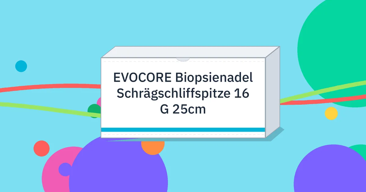 Symbolbild: Packung mit der Aufschrift EVOCORE Biopsienadel Schrägschliffspitze 16 G 25cm (PZN 11655253) – Verfügbarkeit und Bezug in Apotheken in Frankfurt am Main