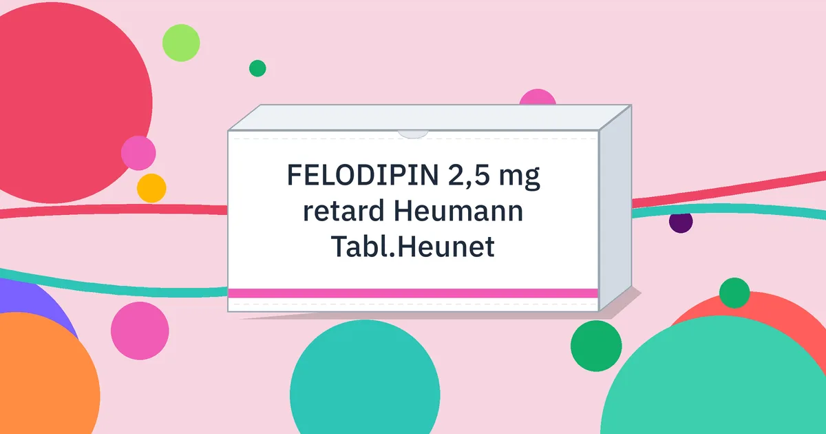Symbolbild: Packung mit der Aufschrift FELODIPIN 2,5 mg retard Heumann Tabl.Heunet (PZN 05888183) – Verfügbarkeit und Bezug in Apotheken in Frankfurt am Main