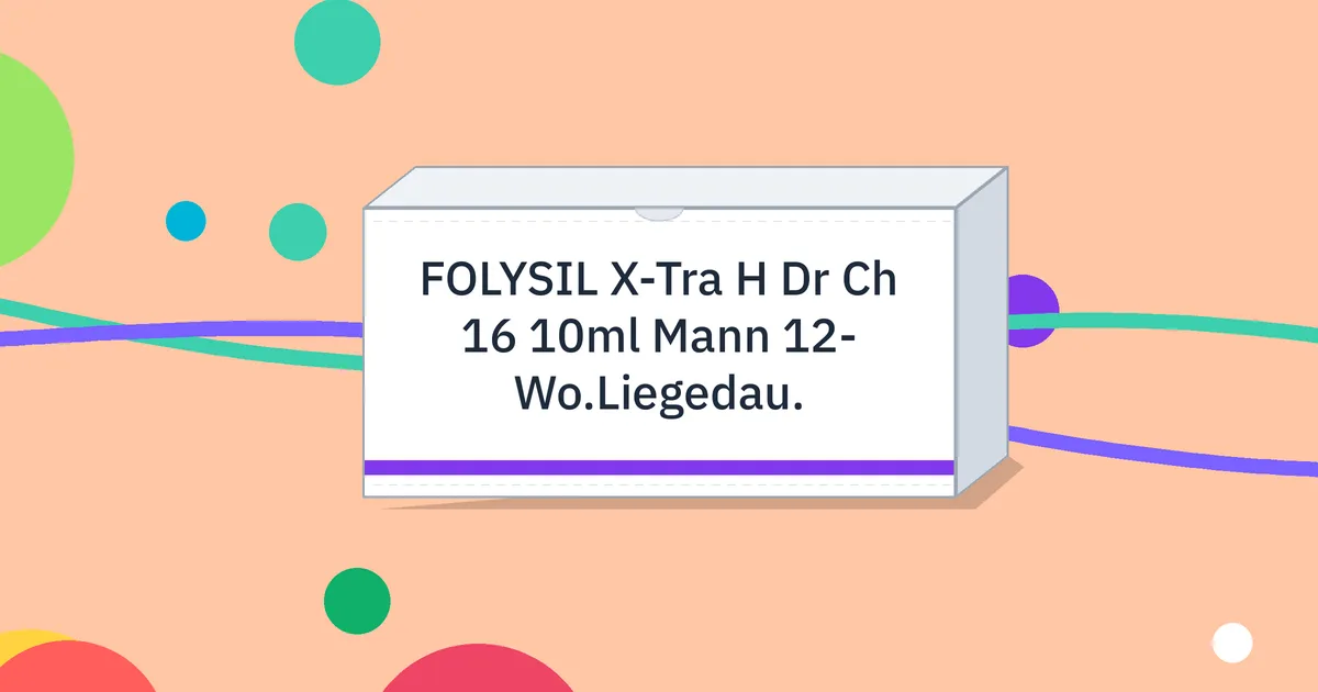 Symbolbild: Packung mit der Aufschrift FOLYSIL X-Tra H Dr Ch 16 10ml Mann 12-Wo.Liegedau. (PZN 17508228) – Verfügbarkeit und Bezug in Apotheken in Frankfurt am Main
