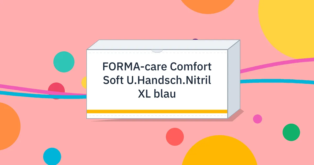 Symbolbild: Packung mit der Aufschrift FORMA-care Comfort Soft U.Handsch.Nitril XL blau (PZN 11642724) – Verfügbarkeit und Bezug in Apotheken in Frankfurt am Main