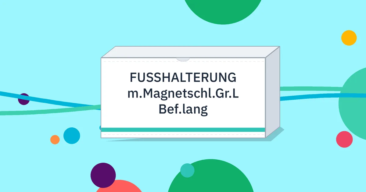Symbolbild: Packung mit der Aufschrift FUSSHALTERUNG m.Magnetschl.Gr.L Bef.lang (PZN 09168066) – Verfügbarkeit und Bezug in Apotheken in Frankfurt am Main