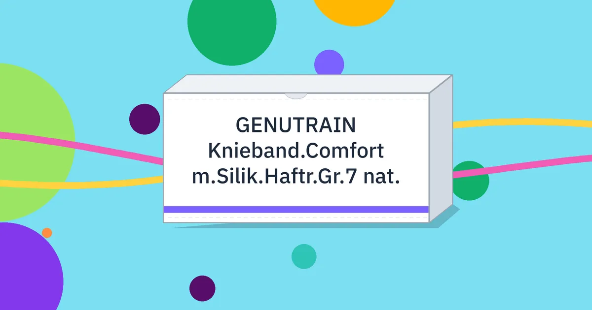 Symbolbild: Packung mit der Aufschrift GENUTRAIN Knieband.Comfort m.Silik.Haftr.Gr.7 nat. (PZN 12517369) – Verfügbarkeit und Bezug in Apotheken in Frankfurt am Main