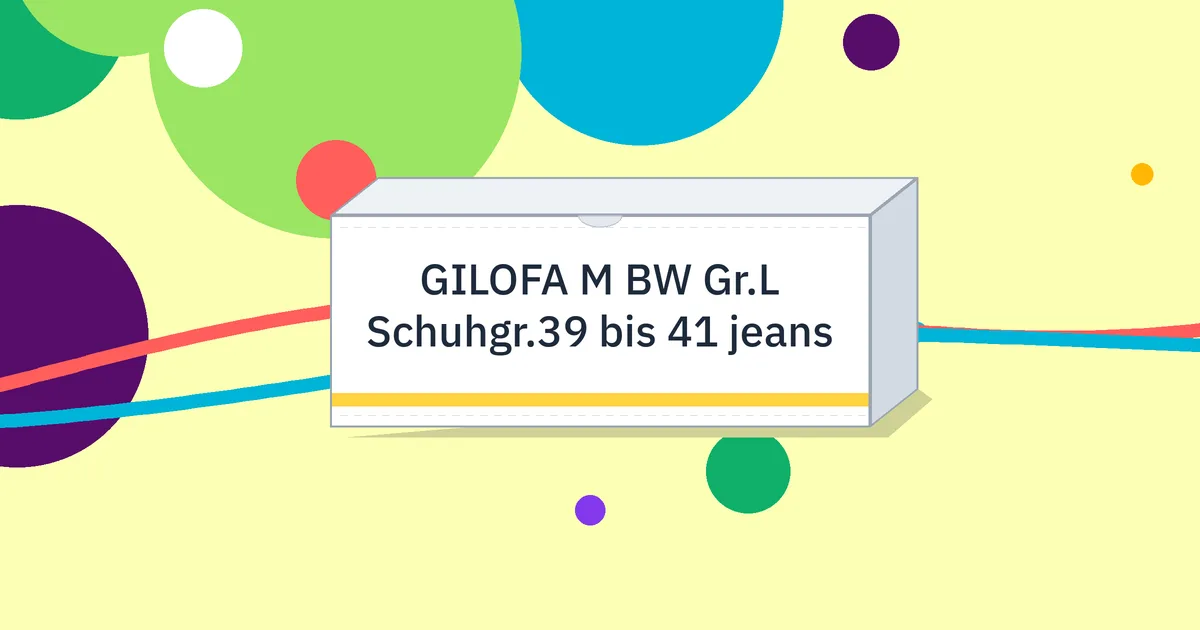 Symbolbild: Packung mit der Aufschrift GILOFA M BW Gr.L Schuhgr.39 bis 41 jeans (PZN 16725337) – Verfügbarkeit und Bezug in Apotheken in Frankfurt am Main