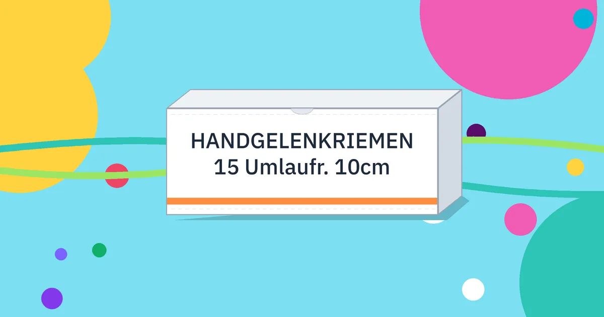 Symbolbild: Packung mit der Aufschrift HANDGELENKRIEMEN 15 Umlaufr. 10cm (PZN 01962741) – Verfügbarkeit und Bezug in Apotheken in Frankfurt am Main