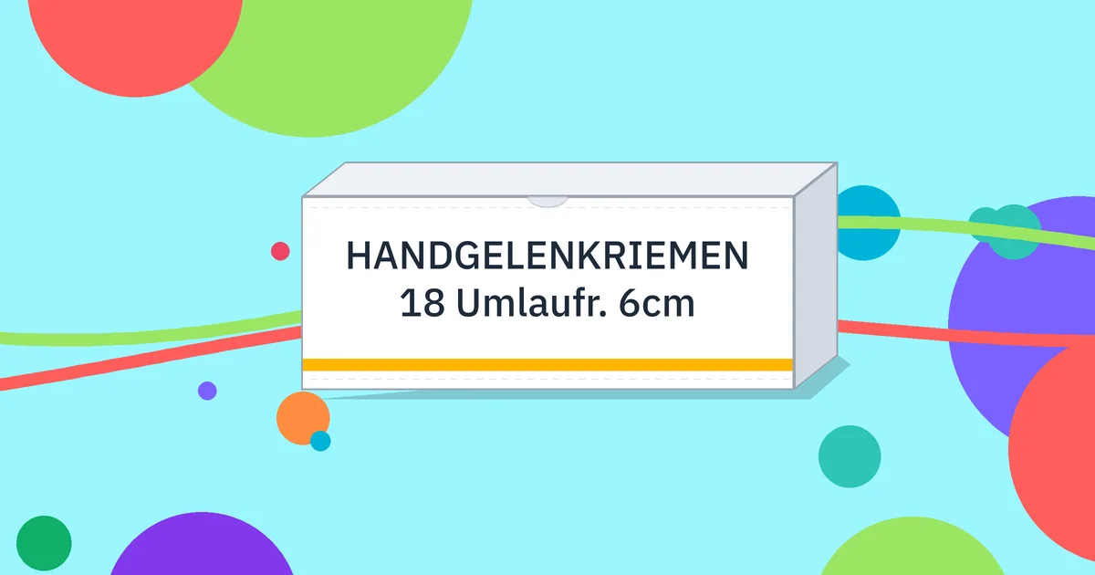 Symbolbild: Packung mit der Aufschrift HANDGELENKRIEMEN 18 Umlaufr. 6cm (PZN 01962675) – Verfügbarkeit und Bezug in Apotheken in Frankfurt am Main