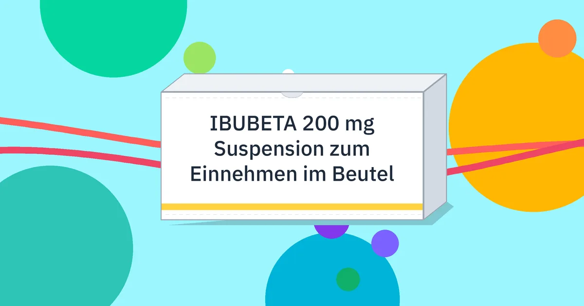 Symbolbild: Packung mit der Aufschrift IBUBETA 200 mg Suspension zum Einnehmen im Beutel (PZN 19382754) – Verfügbarkeit und Bezug in Apotheken in Frankfurt am Main
