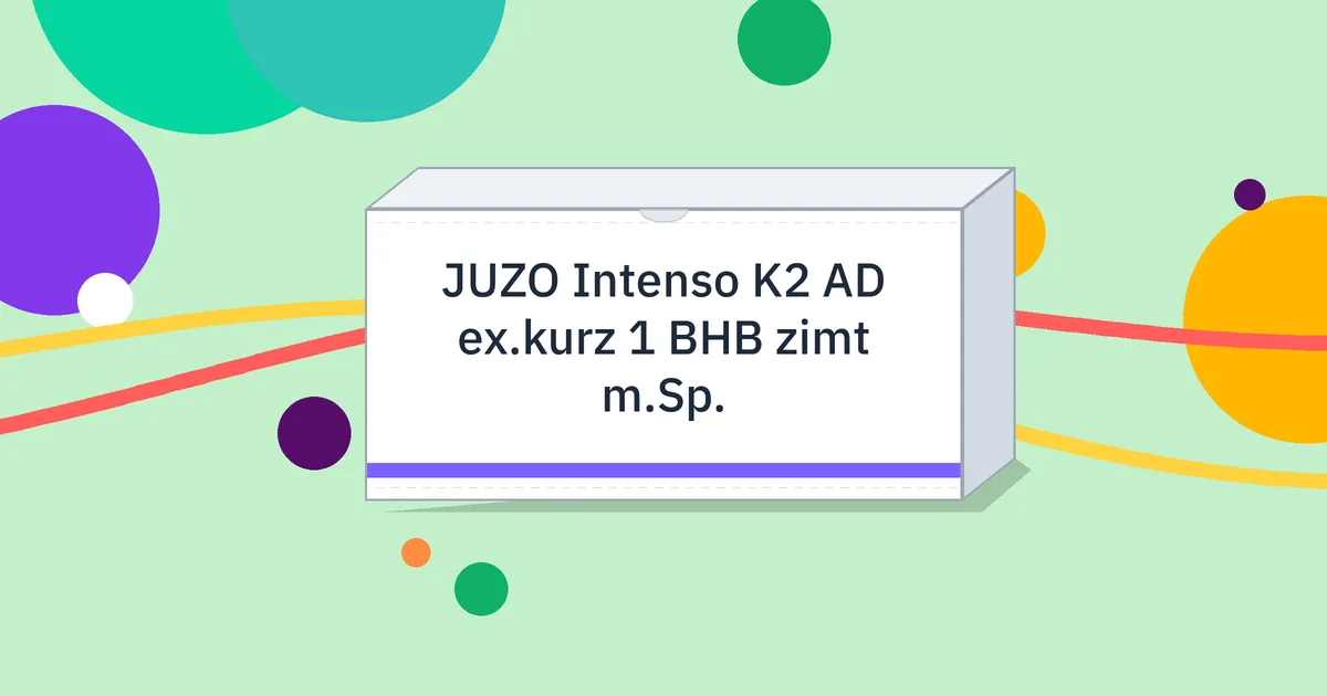 Symbolbild: Packung mit der Aufschrift JUZO Intenso K2 AD ex.kurz 1 BHB zimt m.Sp. (PZN 18614984) – Verfügbarkeit und Bezug in Apotheken in Frankfurt am Main