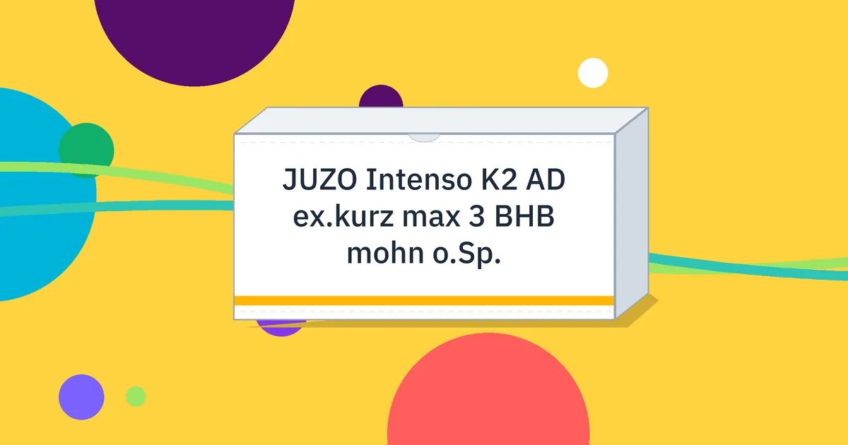 Symbolbild: Packung mit der Aufschrift JUZO Intenso K2 AD ex.kurz max 3 BHB mohn o.Sp. (PZN 18624669) – Verfügbarkeit und Bezug in Apotheken in Frankfurt am Main