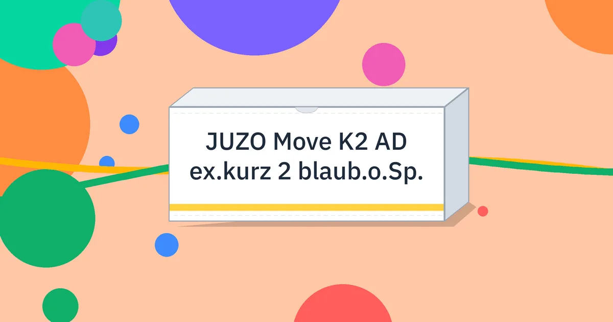 Symbolbild: Packung mit der Aufschrift JUZO Move K2 AD ex.kurz 2 blaub.o.Sp. (PZN 18542138) – Verfügbarkeit und Bezug in Apotheken in Frankfurt am Main