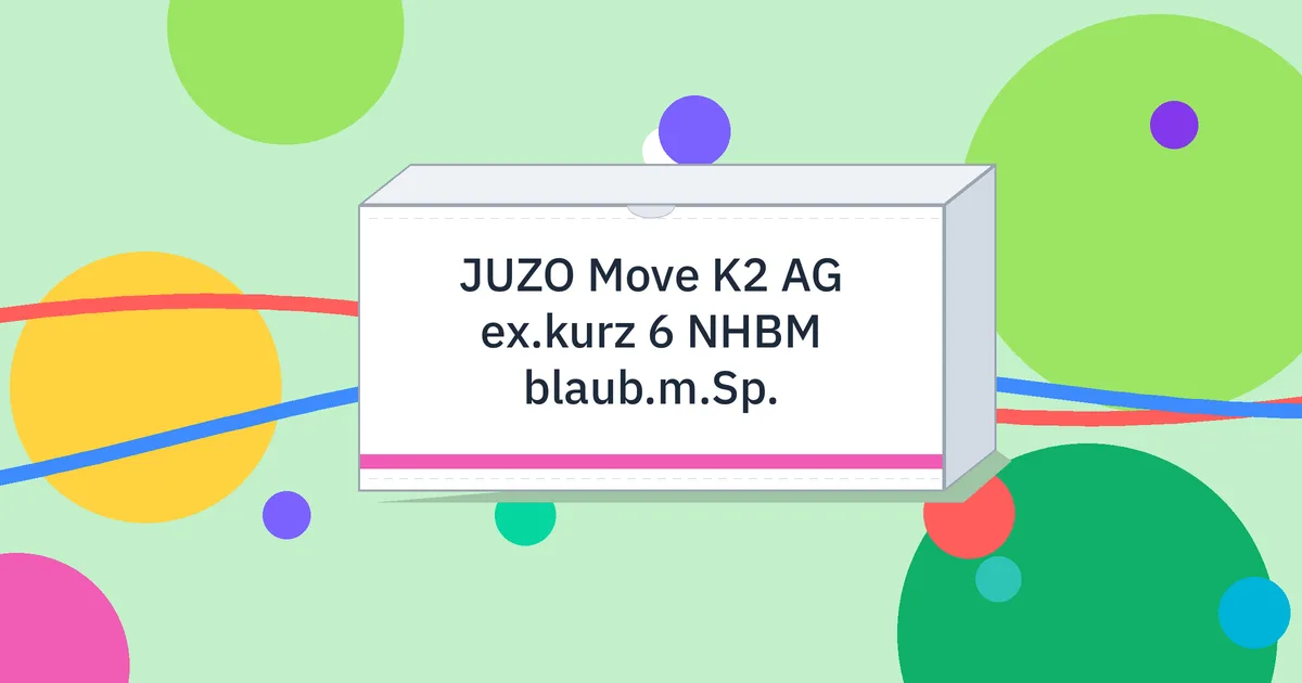 Symbolbild: Packung mit der Aufschrift JUZO Move K2 AG ex.kurz 6 NHBM blaub.m.Sp. (PZN 18562827) – Verfügbarkeit und Bezug in Apotheken in Frankfurt am Main