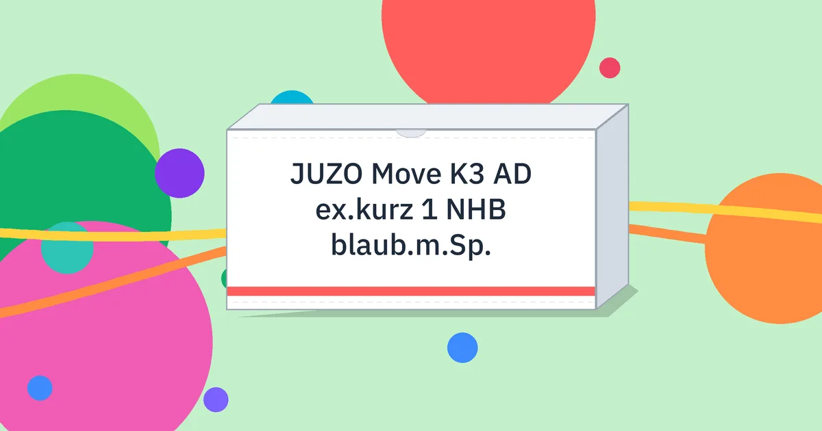 Symbolbild: Packung mit der Aufschrift JUZO Move K3 AD ex.kurz 1 NHB blaub.m.Sp. (PZN 18573340) – Verfügbarkeit und Bezug in Apotheken in Frankfurt am Main