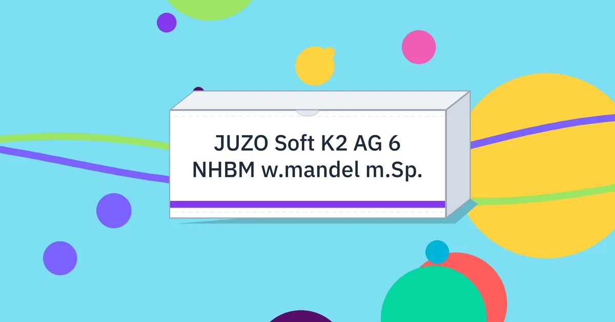 Symbolbild: Packung mit der Aufschrift JUZO Soft K2 AG 6 NHBM w.mandel m.Sp. (PZN 15019442) – Verfügbarkeit und Bezug in Apotheken in Frankfurt am Main