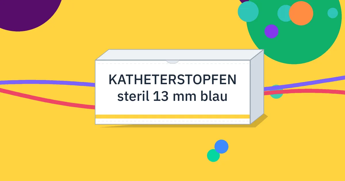 Symbolbild: Packung mit der Aufschrift KATHETERSTOPFEN steril 13 mm blau (PZN 07487471) – Verfügbarkeit und Bezug in Apotheken in Frankfurt am Main
