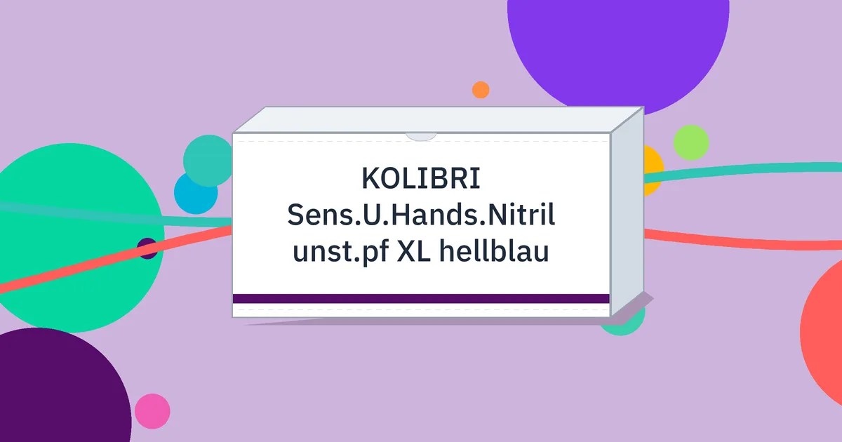 Symbolbild: Packung mit der Aufschrift KOLIBRI Sens.U.Hands.Nitril unst.pf XL hellblau (PZN 18891436) – Verfügbarkeit und Bezug in Apotheken in Frankfurt am Main