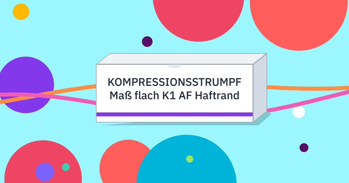 Symbolbild: Packung mit der Aufschrift KOMPRESSIONSSTRUMPF Maß flach K1 AF Haftrand (PZN 16745274) – Verfügbarkeit und Bezug in Apotheken in Frankfurt am Main