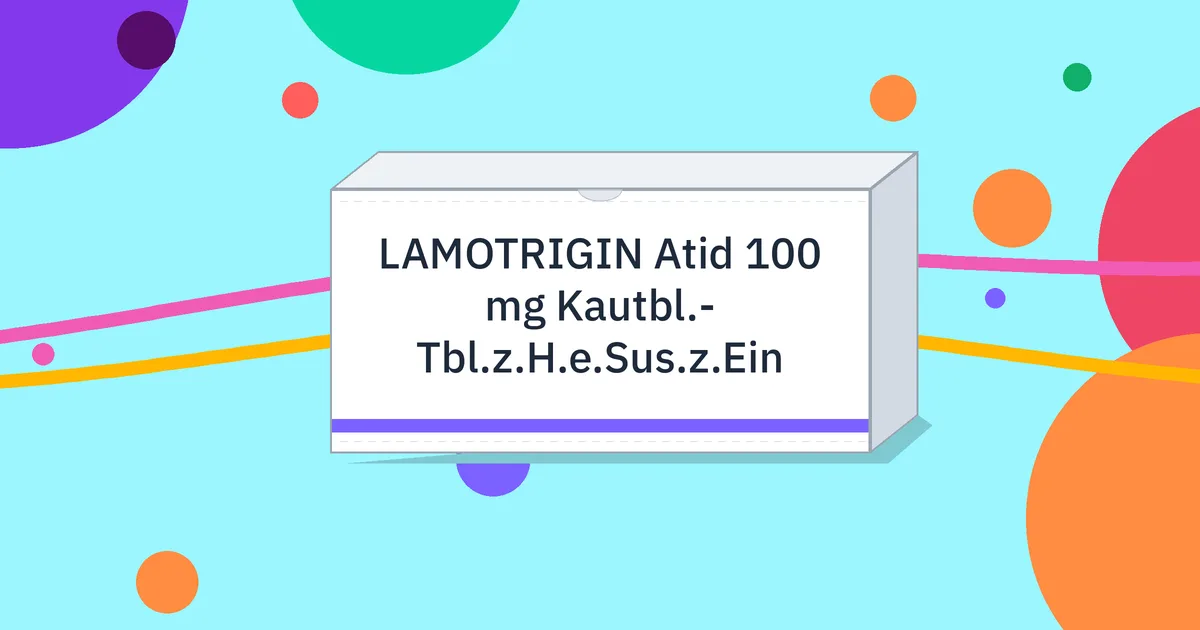 Symbolbild: Packung mit der Aufschrift LAMOTRIGIN Atid 100 mg Kautbl.-Tbl.z.H.e.Sus.z.Ein (PZN 04306500) – Verfügbarkeit und Bezug in Apotheken in Frankfurt am Main