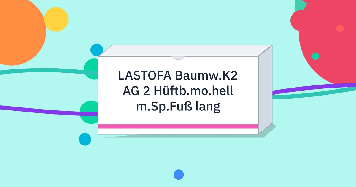 Symbolbild: Packung mit der Aufschrift LASTOFA Baumw.K2 AG 2 Hüftb.mo.hell m.Sp.Fuß lang (PZN 01948646) – Verfügbarkeit und Bezug in Apotheken in Frankfurt am Main