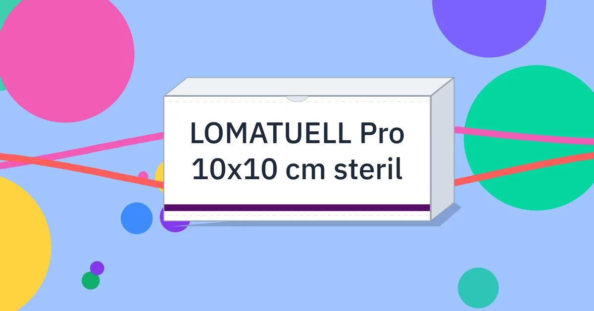 Symbolbild: Packung mit der Aufschrift LOMATUELL Pro 10x10 cm steril (PZN 16164815) – Verfügbarkeit und Bezug in Apotheken in Frankfurt am Main