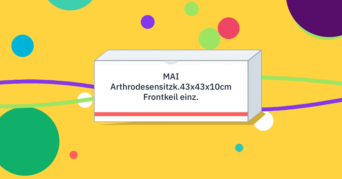 Symbolbild: Packung mit der Aufschrift MAI Arthrodesensitzk.43x43x10cm Frontkeil einz. (PZN 00198025) – Verfügbarkeit und Bezug in Apotheken in Frankfurt am Main