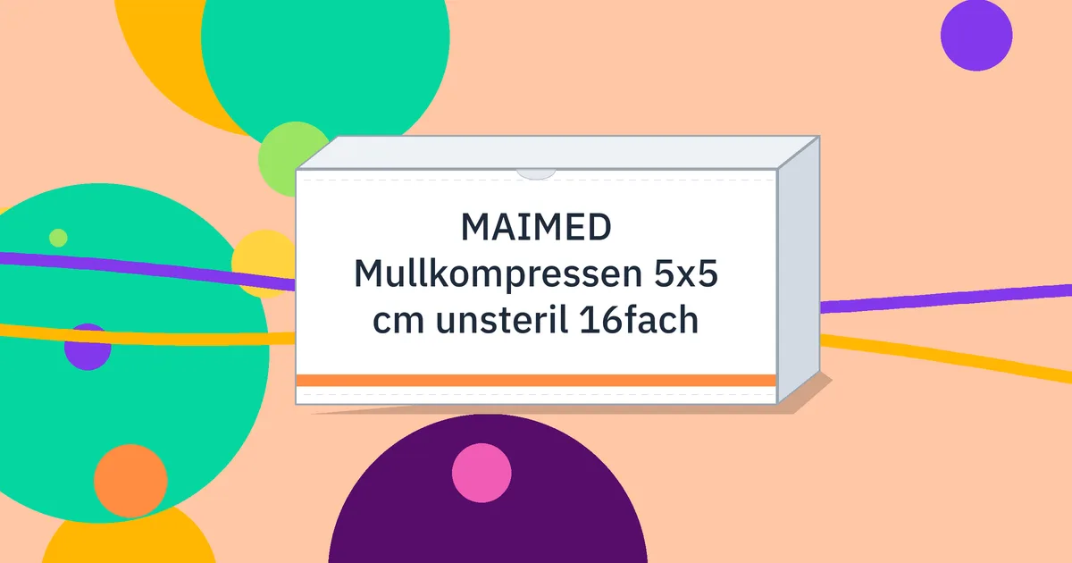 Symbolbild: Packung mit der Aufschrift MAIMED Mullkompressen 5x5 cm unsteril 16fach (PZN 01227065) – Verfügbarkeit und Bezug in Apotheken in Frankfurt am Main