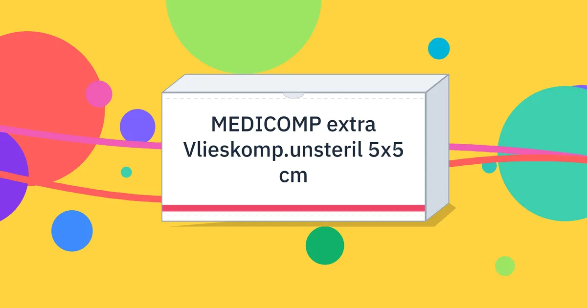 Symbolbild: Packung mit der Aufschrift MEDICOMP extra Vlieskomp.unsteril 5x5 cm (PZN 12593867) – Verfügbarkeit und Bezug in Apotheken in Frankfurt am Main