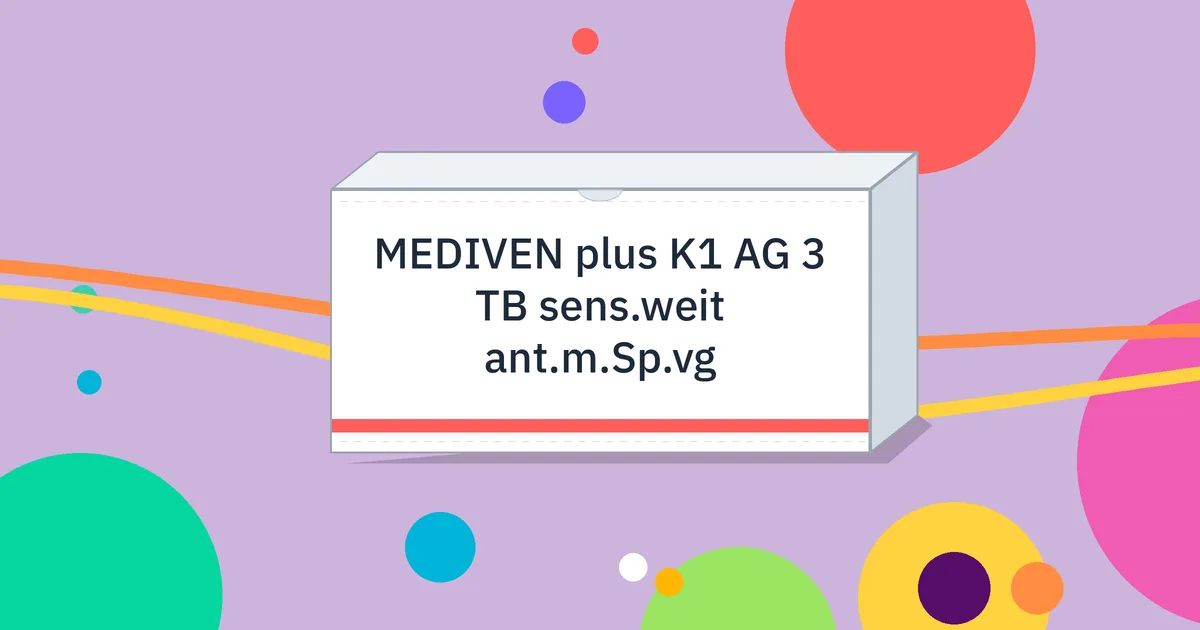 Symbolbild: Packung mit der Aufschrift MEDIVEN plus K1 AG 3 TB sens.weit ant.m.Sp.vg (PZN 15064922) – Verfügbarkeit und Bezug in Apotheken in Frankfurt am Main