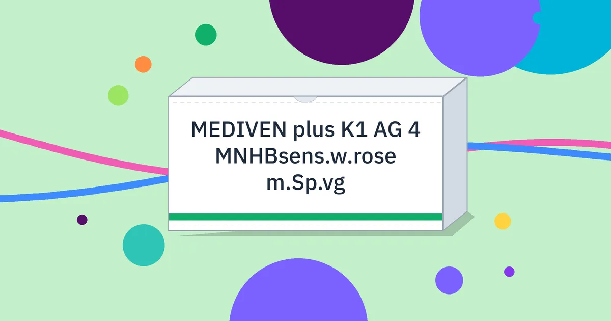 Symbolbild: Packung mit der Aufschrift MEDIVEN plus K1 AG 4 MNHBsens.w.rose m.Sp.vg (PZN 15918583) – Verfügbarkeit und Bezug in Apotheken in Frankfurt am Main