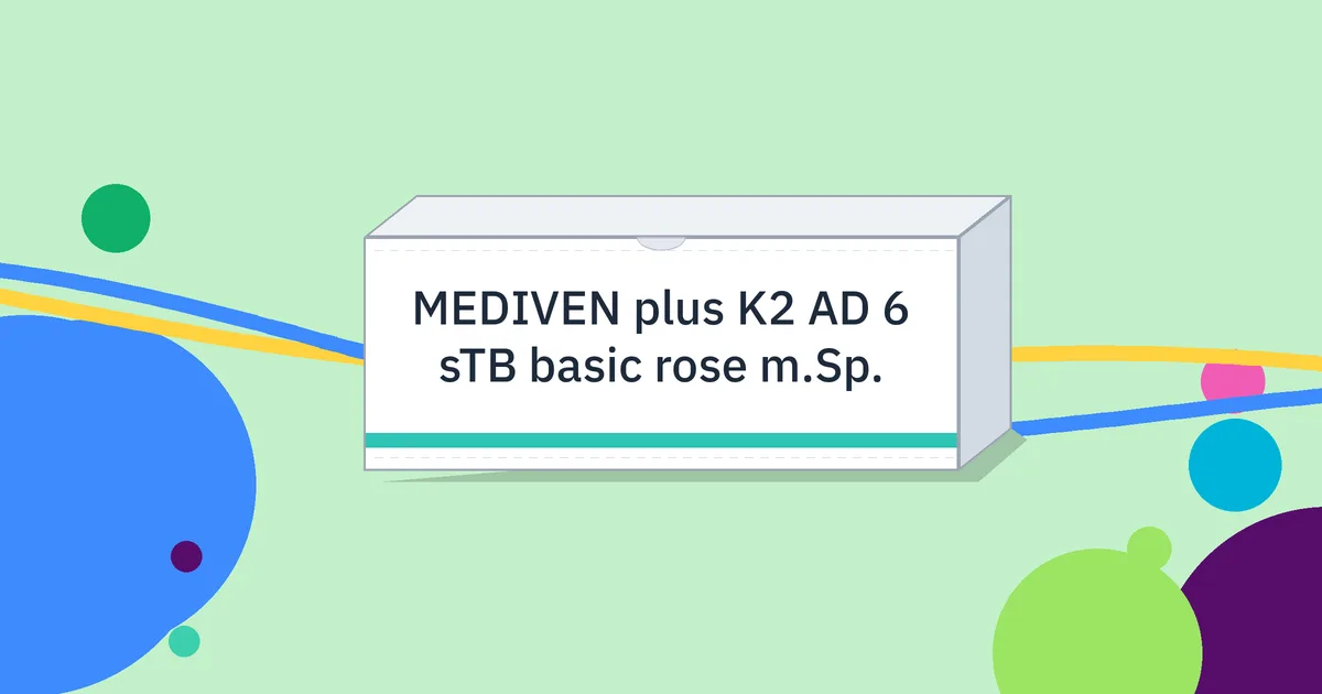Symbolbild: Packung mit der Aufschrift MEDIVEN plus K2 AD 6 sTB basic rose m.Sp. (PZN 15095779) – Verfügbarkeit und Bezug in Apotheken in Frankfurt am Main
