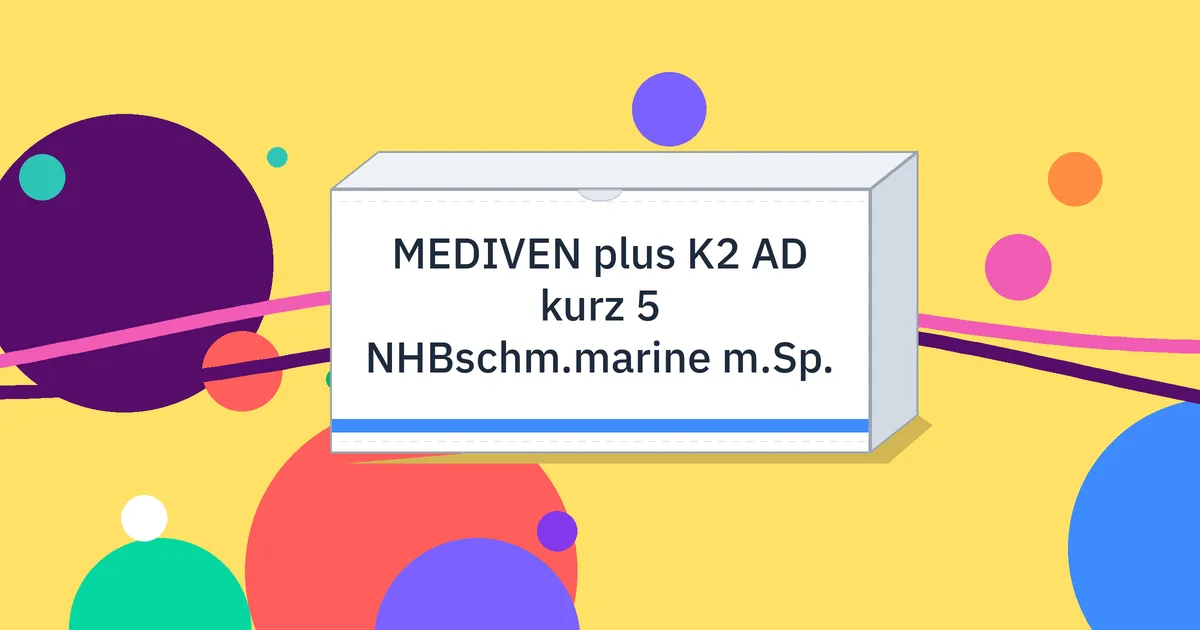 Symbolbild: Packung mit der Aufschrift MEDIVEN plus K2 AD kurz 5 NHBschm.marine m.Sp. (PZN 15927180) – Verfügbarkeit und Bezug in Apotheken in Frankfurt am Main
