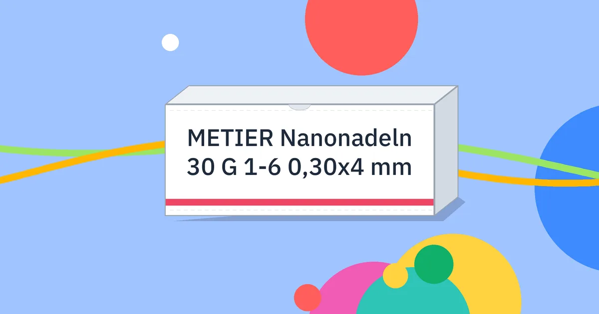 Symbolbild: Packung mit der Aufschrift METIER Nanonadeln 30 G 1-6 0,30x4 mm (PZN 18788974) – Verfügbarkeit und Bezug in Apotheken in Frankfurt am Main