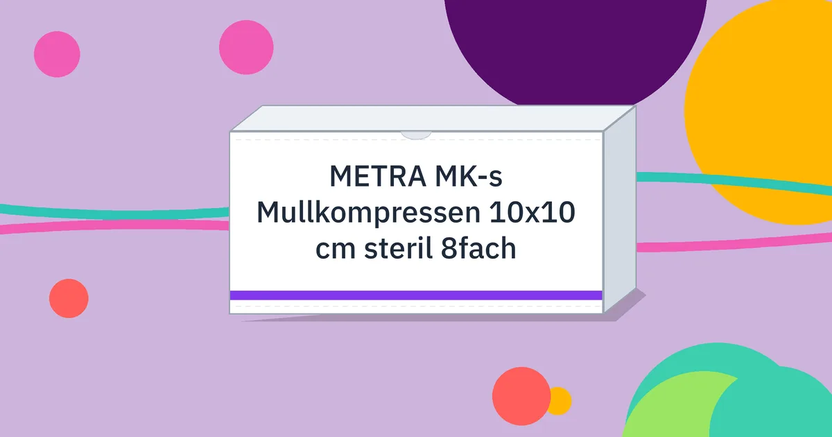 Symbolbild: Packung mit der Aufschrift METRA MK-s Mullkompressen 10x10 cm steril 8fach (PZN 07771396) – Verfügbarkeit und Bezug in Apotheken in Frankfurt am Main