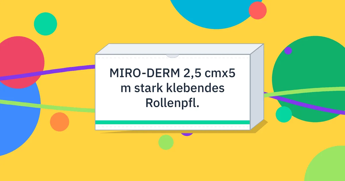 Symbolbild: Packung mit der Aufschrift MIRO-DERM 2,5 cmx5 m stark klebendes Rollenpfl. (PZN 17962683) – Verfügbarkeit und Bezug in Apotheken in Frankfurt am Main